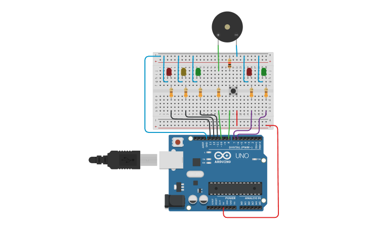 Circuit design Copy of (Projeto 3) SEMÁFORO COM SINAL SONORO - Tinkercad