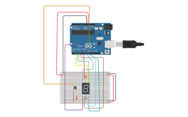 Circuit design COMPTEUR/DÉCOMPTEUR AVEC AFFICHEUR 7 SEGMENTS À CATHODE COMMUNE - Tinkercad