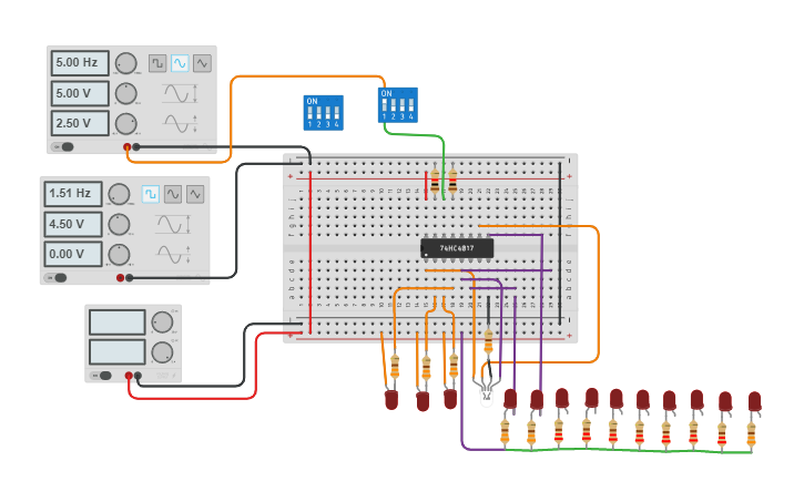 Circuit design Test opstelling 74HC4017 Decade teller | Tinkercad