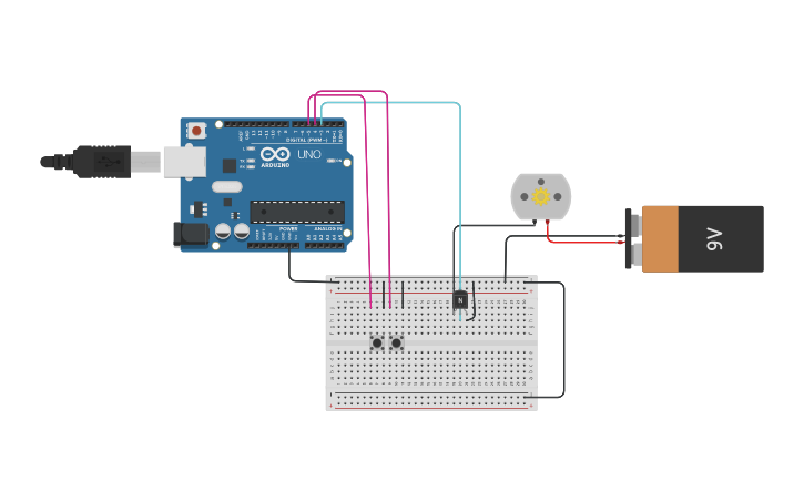 Circuit design controlling motor speed with 2 buttons - Tinkercad