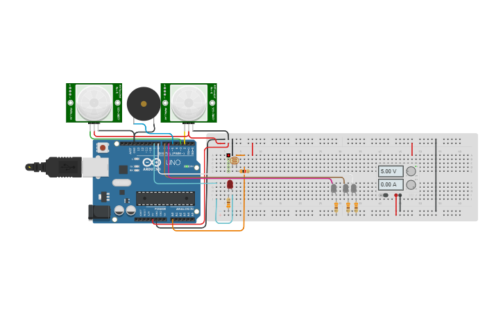 Circuit Design Esercitazione Doppio Sensore Hc Sr501 E 3 Led Tinkercad
