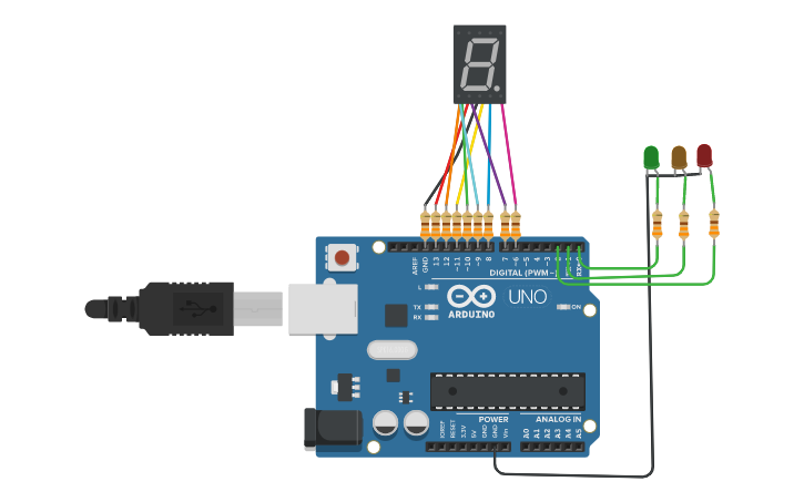 Circuit design semáforo con contador - Tinkercad