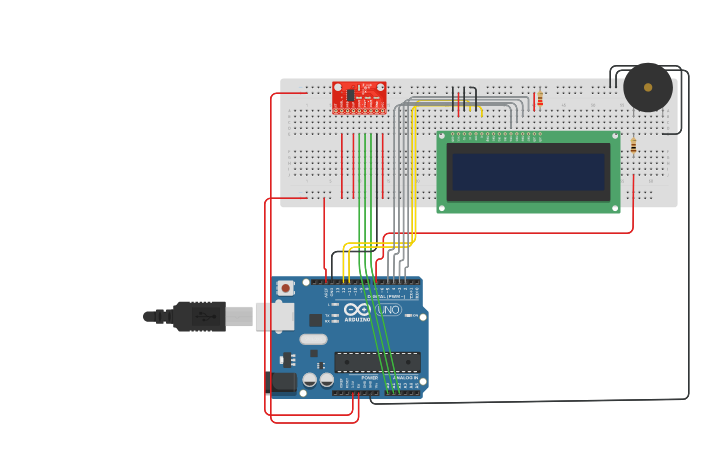 Circuit design Accelerometer with Buzzer and LCD - Tinkercad