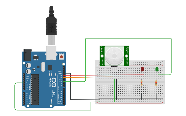 Circuit design AP2-PIR and LED interface - Tinkercad