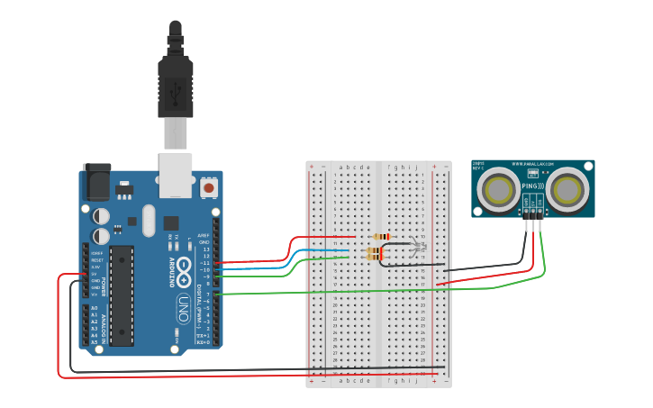 Circuit design ulttasonic rgb led | Tinkercad