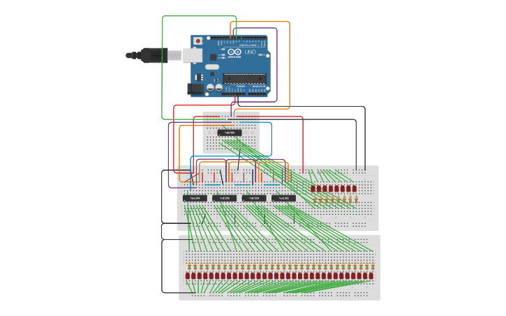 Circuit design Arduino 3 pins and 5 shift registers 74hc595 - Tinkercad
