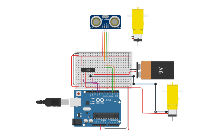 Circuit design Motor Controlled by Distance Sensor - Tinkercad
