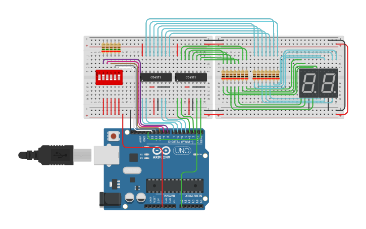 Circuit design 7-Segment Ausgabe | Tinkercad