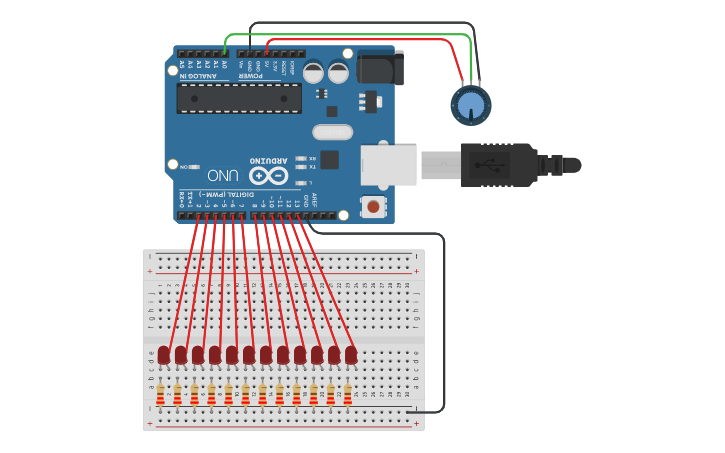 Circuit design potenciometro con secuencia de leds - Tinkercad