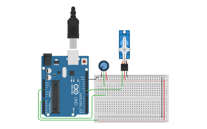 Circuit design Servo motor con potenciómetro | Tinkercad