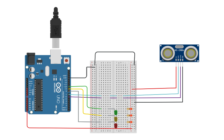 Circuit design 3.PROY: SENSOR ULTSONDO 4 PIN CON 3 LED (FUERA) | Tinkercad Circuit design 3.PROY: SENSOR ULTSONDO 4 PIN CON 3 LED (FUERA) | Tinkercad