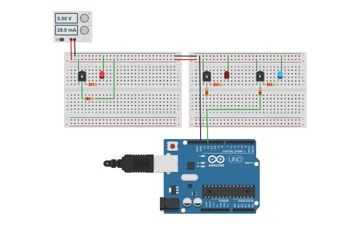 Circuit design LED external power NPN/PNP transistor - Tinkercad