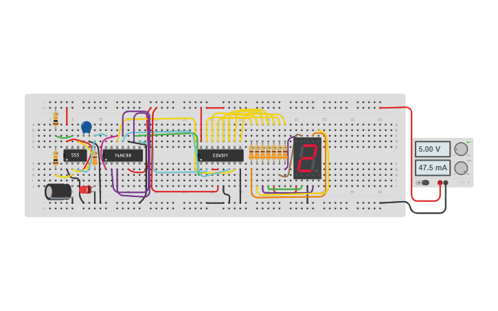 Circuit design 7493 Counter 0-F with CD4511+Reset 0-9 - Tinkercad