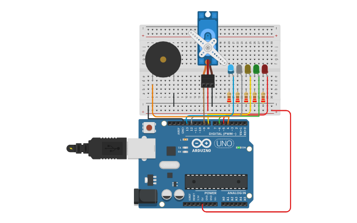 Circuit design Montaje buzzer servomotor leds en arduino | Tinkercad