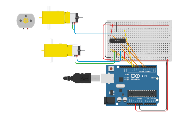 Circuit design Arduino H-Bridge and 2 motors - Tinkercad