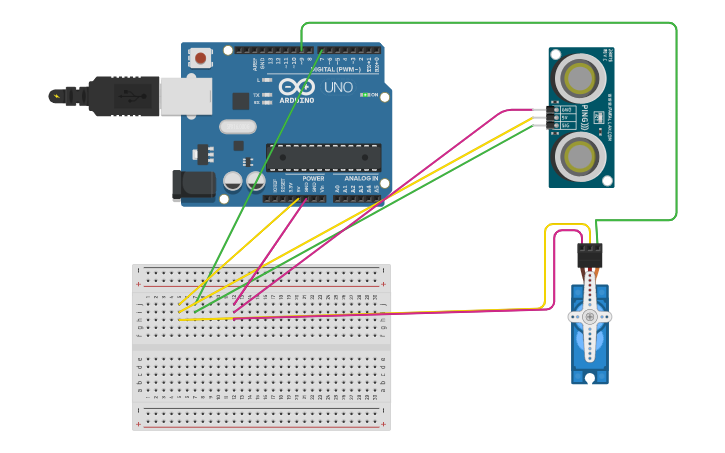 Circuit design Radar using ultrasonic sensor & Servo Motor - Tinkercad