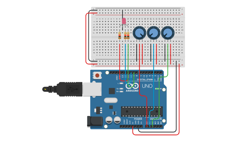 Circuit design rgb led with 3 pot. - Tinkercad