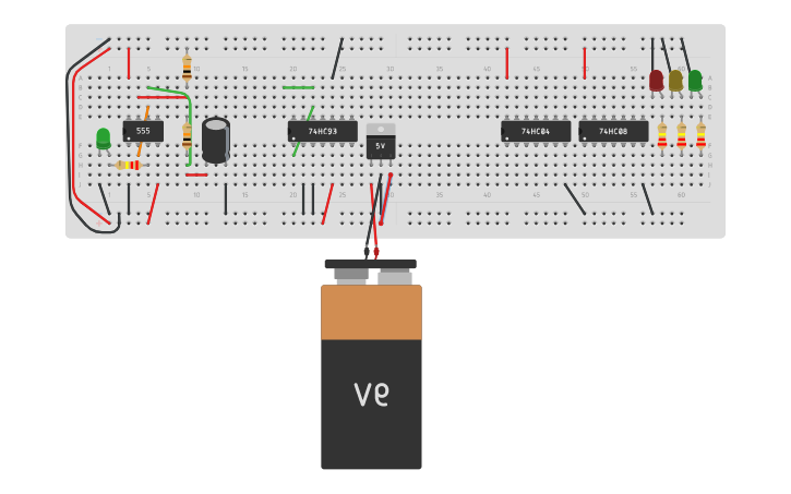 Circuit design Copy of 4 bit Binary counter trafic light - Tinkercad