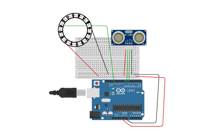 Circuit design CEXP Neopixel Ring with Distance Sensor - Tinkercad