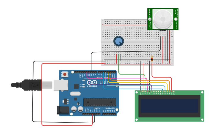 Circuit Design Pir Sensor With Lcd Display Tinkercad