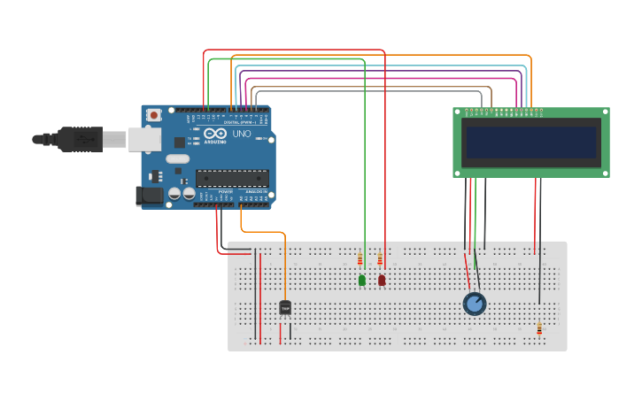 Circuit design Temperature sensor with LCD 16x2 - Tinkercad
