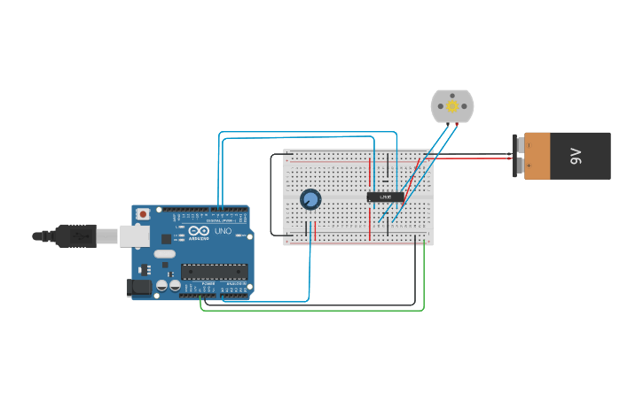 Circuit design DC motor, H-bridge and potensiometer - Tinkercad