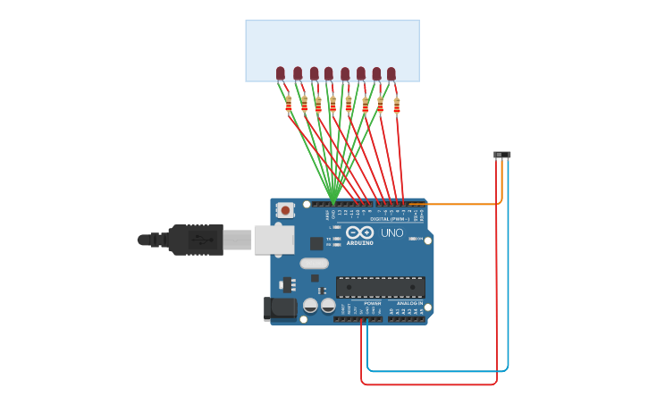 Circuit design Arduino with 8 LEDs | Tinkercad
