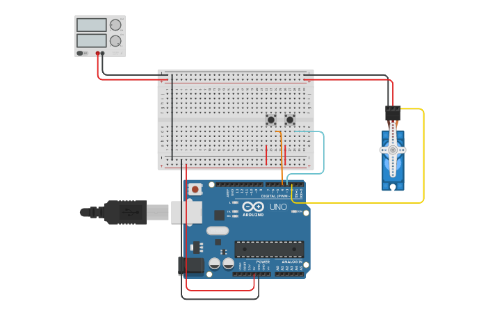 Circuit design Button + Servo - Tinkercad