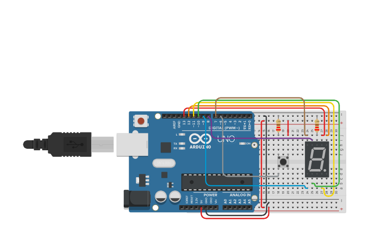 Circuit design Dado Electrónico en Display 7 Segmentos y Pulsador - Tinkercad
