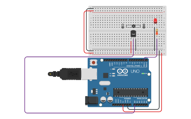 Circuit design Sensor de temperatura com Led - Tinkercad
