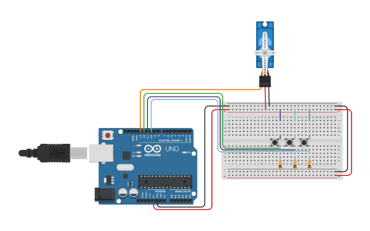 Circuit design Copy of Circuito 16: Servo abrir y cerrar | Tinkercad Circuit design Copy of Circuito 16: Servo abrir y cerrar | Tinkercad