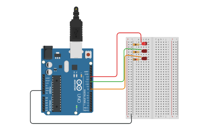 Circuit design Sequence 3 LEDs | Tinkercad