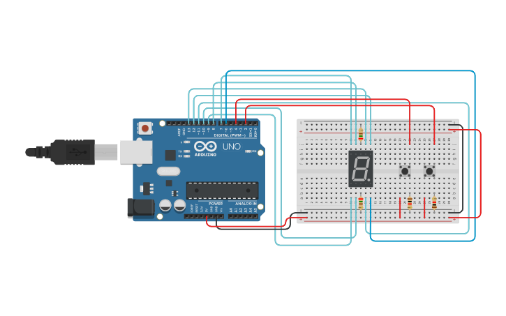 Circuit design Display 0 to F using Push Button (Increment and decrement) - Tinkercad