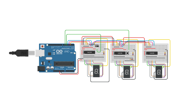 Circuit design Three 7-segment with arduino uno (Stop Watch) - Tinkercad