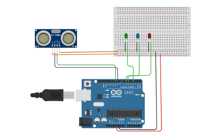 Circuit design Encendido de Leds con sensor ultrasonico - Tinkercad