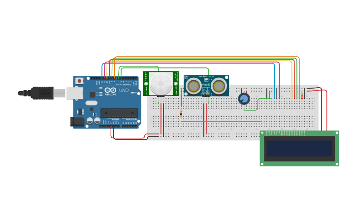 Circuit design sensor pir, ultrasonico - Tinkercad