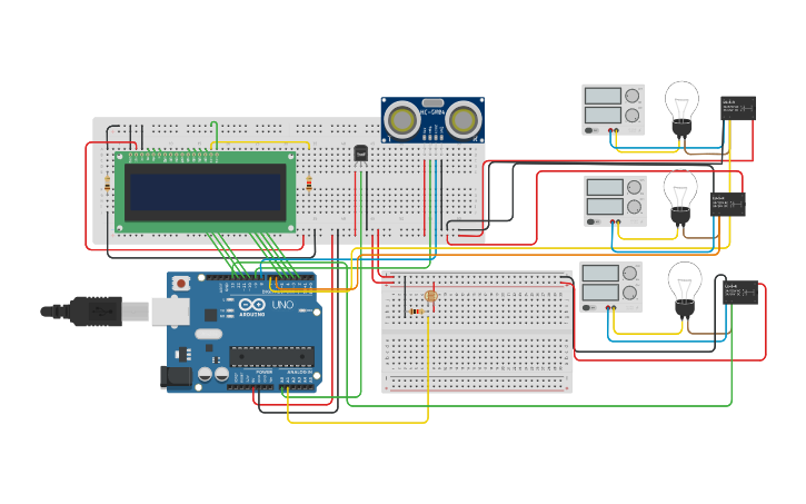 Circuit design Tugas UAS (Sensor suhu, ultrasonik, dan cahaya) - Tinkercad Circuit design Tugas UAS (Sensor suhu, ultrasonik, dan cahaya) - Tinkercad