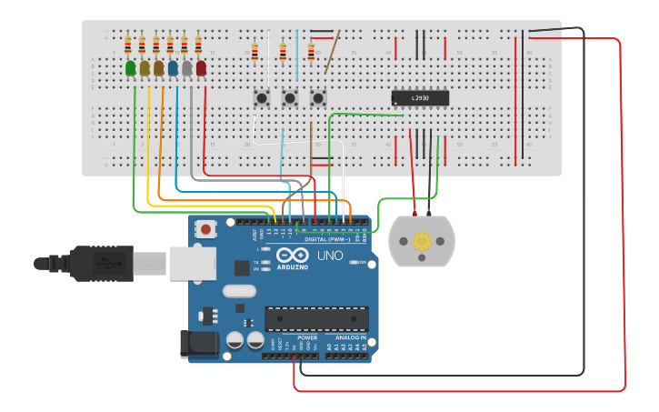 Circuit design PRACTICA 5. MODULOS Y ARREGLOS EN ARDUINO | Tinkercad