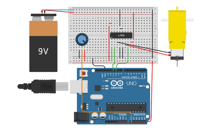 Circuit design Regulación de la velocidad de un motor con potenciómetro - Tinkercad