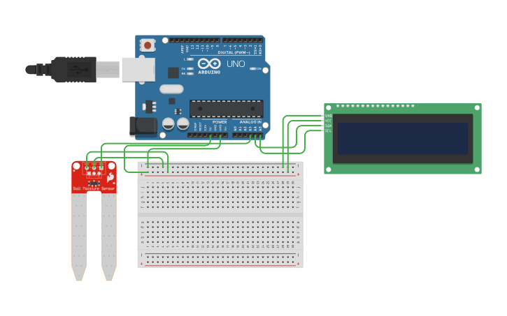 Circuit design Soil Moisture Sensore with LCD - Tinkercad