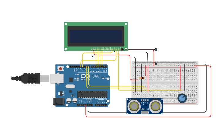 Circuit design Ultrasonic sensor - LCD - Tinkercad