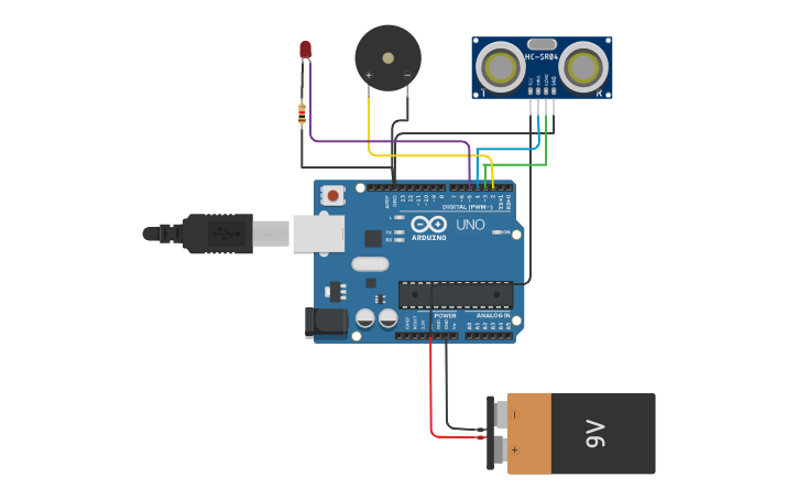 Circuit Design Social Distance Detector Using Ultrasonic Sensor Tinkercad