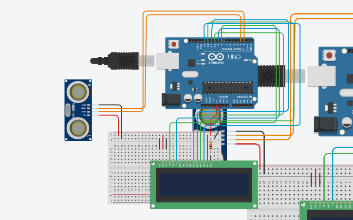 Circuit design Sensor de distancia con lcd | Tinkercad