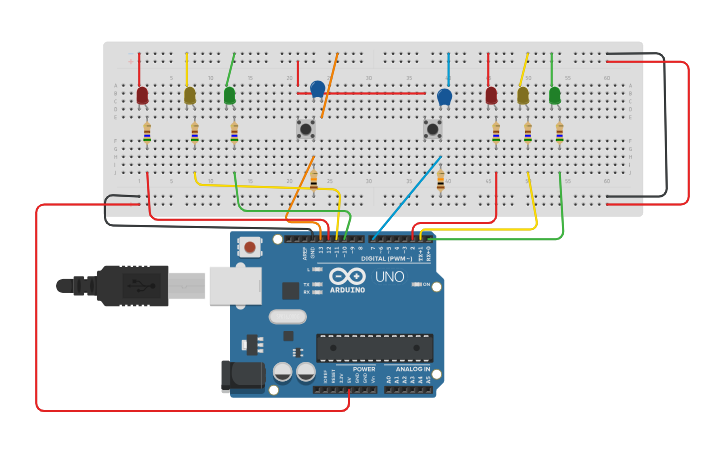 Circuit design practica semaforo doble via - Tinkercad