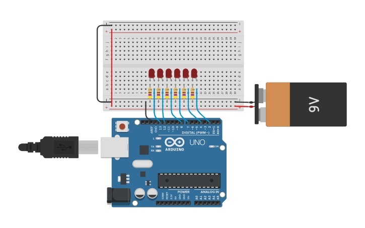 Circuit design SECUENCIA 6 LEDS | Tinkercad