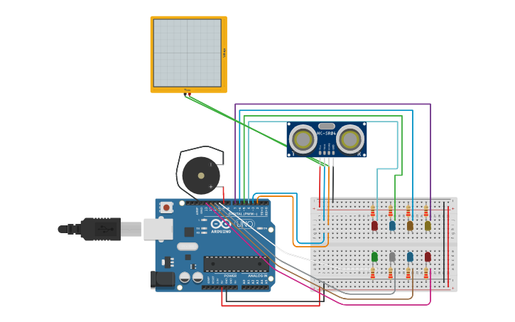 Circuit design Copy of Distance status using LEDs | Tinkercad