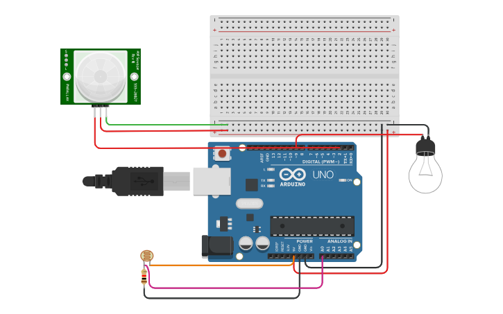 Circuit design integrated ldr and motion sensor - Tinkercad