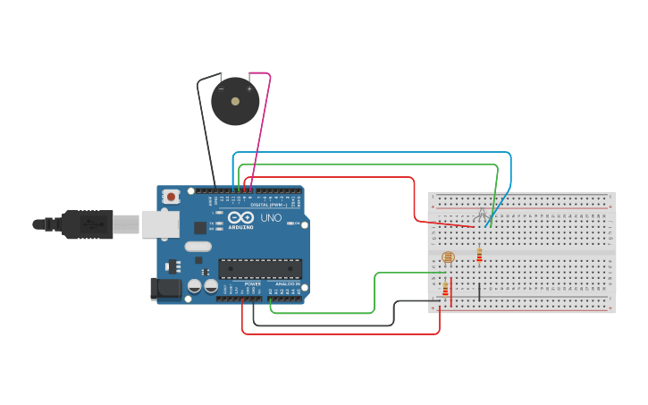 Circuit design LDR + Led RGB + Buzzer - Tinkercad