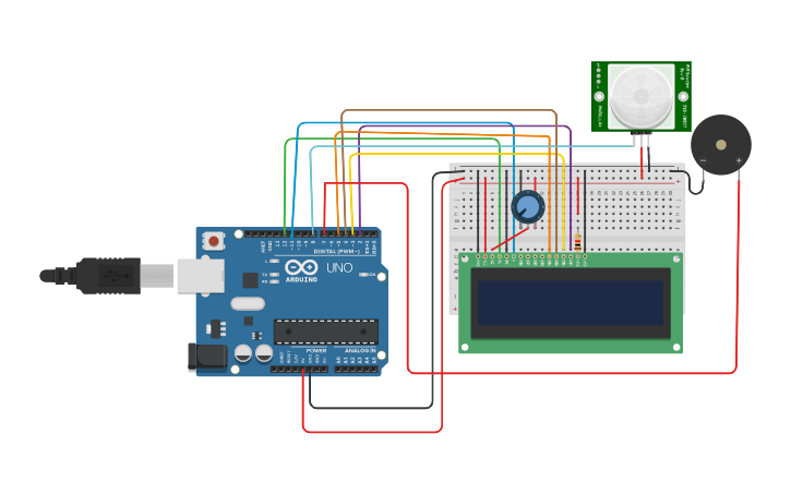 Circuit design PIR-Sensor with LCD - Tinkercad
