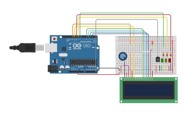 Circuit design Practica 20: Sistema de semáforo de temperatura con Arduino - Tinkercad